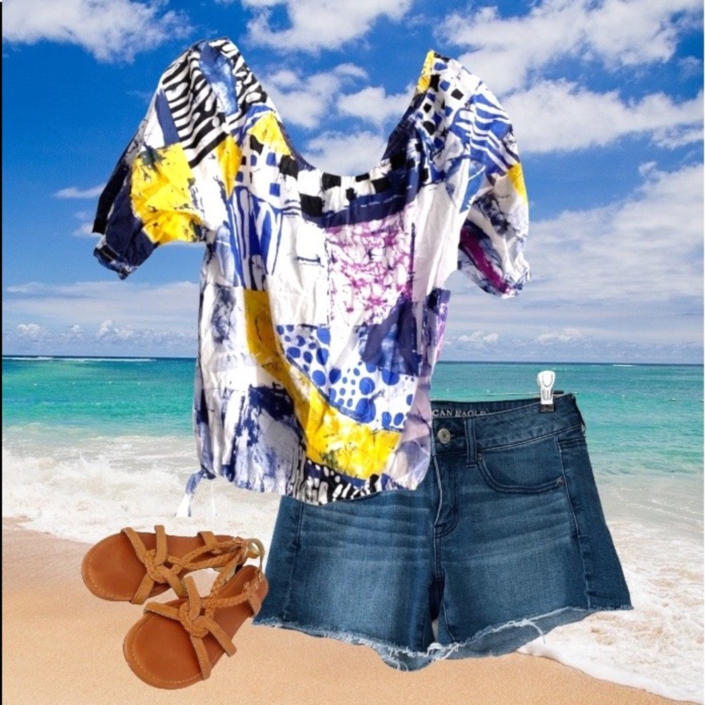 Beautiful 90’s Splatter Print Blouse, Off The Shoulder - Gem